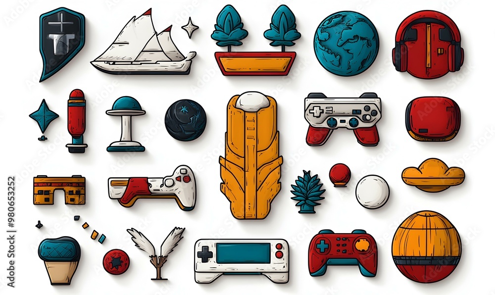 Retro gaming icon collection, vibrant pixel art designs, nostalgic ...
