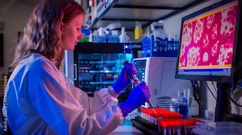 Laboratory researcher using a pipette to transfer liquids into a multi ...