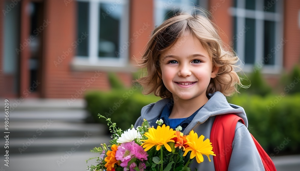 Joyful first grader with bouquet of flowers standing proudly in front ...