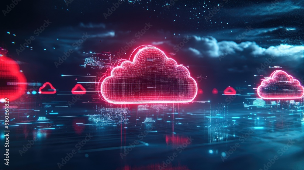 Cloud computing concept with a blend of 2D and 3D cloud symbols ...