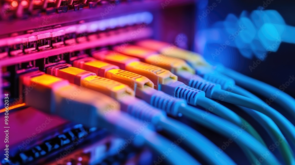 Color-coded Ethernet cables leading into a switch, showcasing the ...