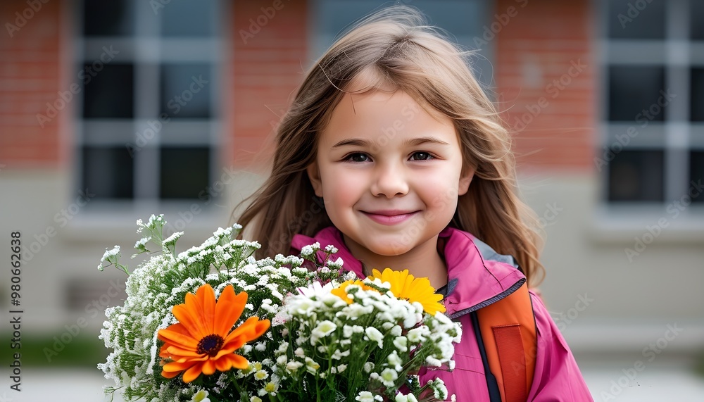 Joyful first grader with bouquet of flowers standing proudly in front ...