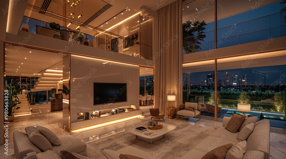 A large living room with high ceilings, double height space, massive TV ...