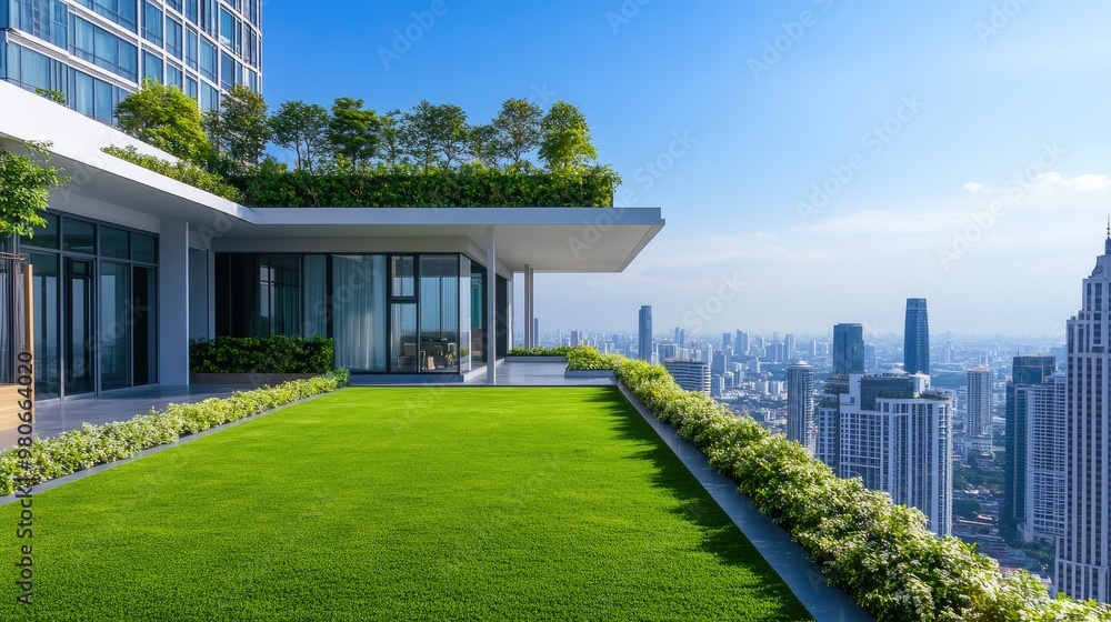 Elevated sky garden with lush grass and trees, positioned atop a modern ...