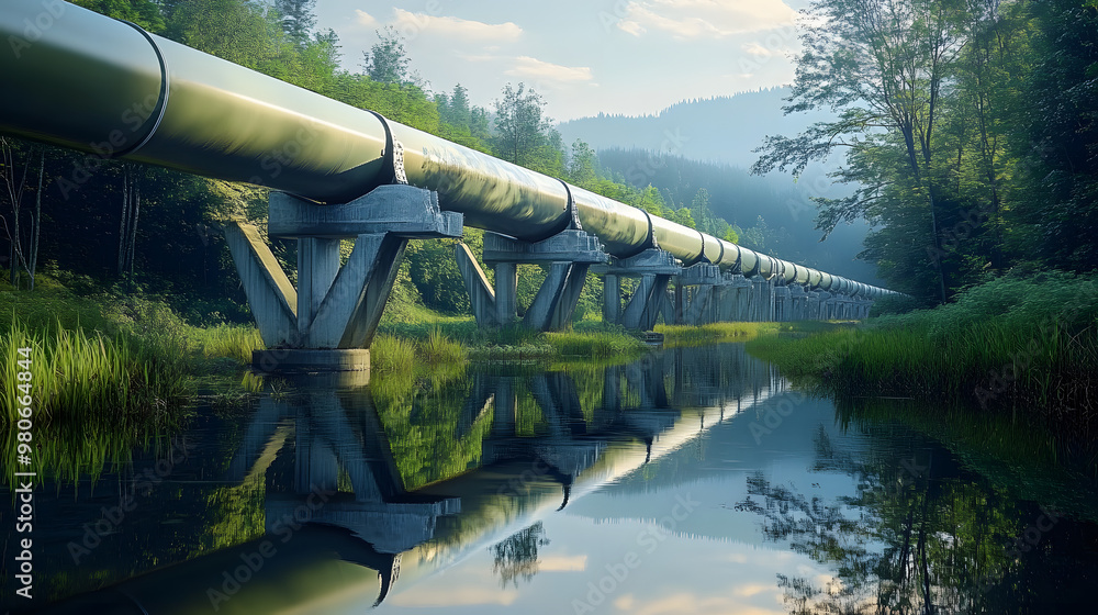 Oil pipeline crossing a river with bridges and supports, surrounded by ...