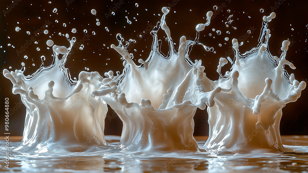 Series of Three Milk Splashes Captured in Motion Against a Smooth ...