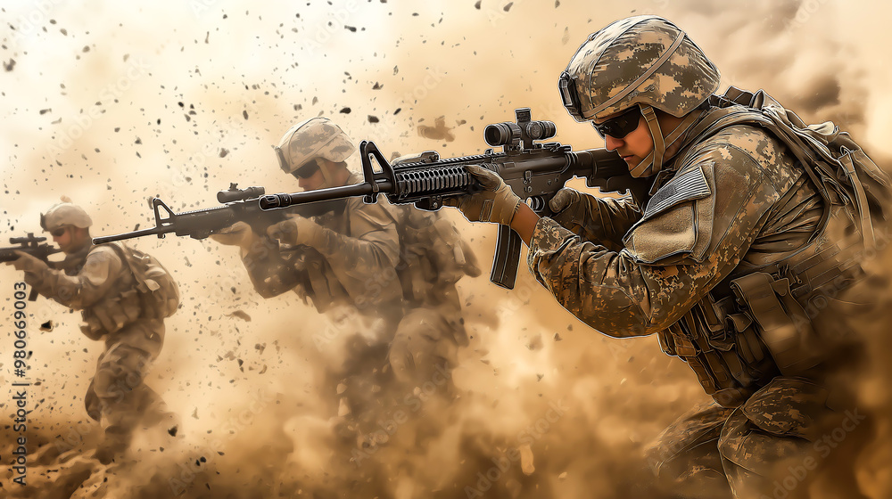 Soldiers holding rifles in the midst of war, conveying the intensity ...