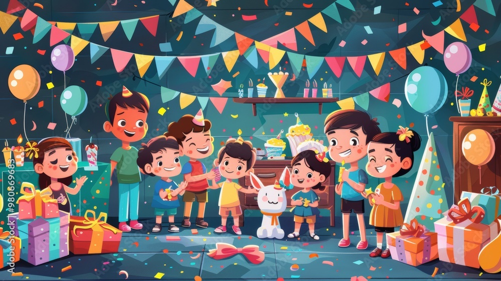Cartoon vector A festive cartoon image of a birthday party with kids ...