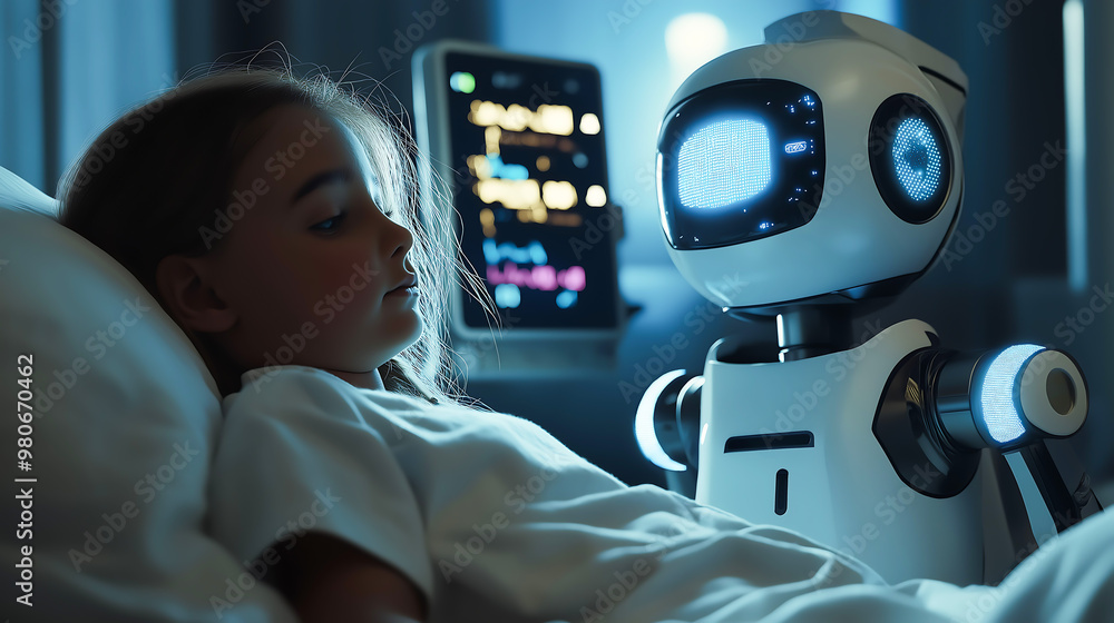 Robot doctor visiting and taking care child patient lying in bed at ...