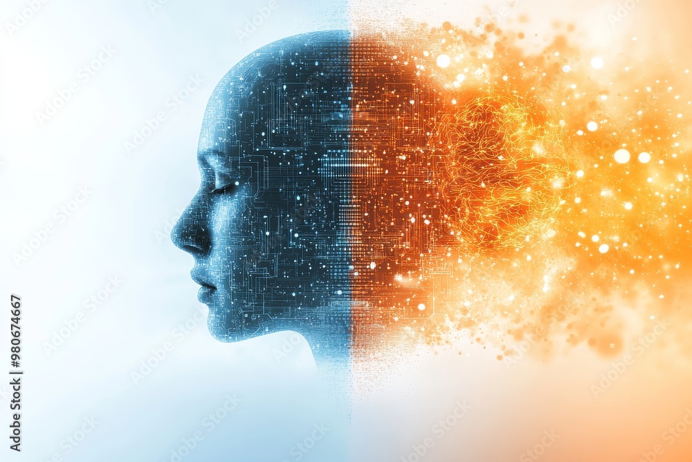 Artistic portrayal of a human head split into blue and orange halves ...