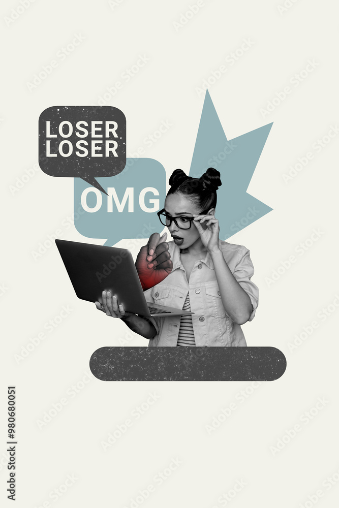 Vertical poster collage young woman social media rude communication ...