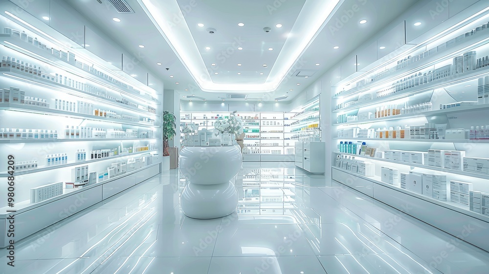 Interior of a modern pharmacy, white shelves stocked with medications ...