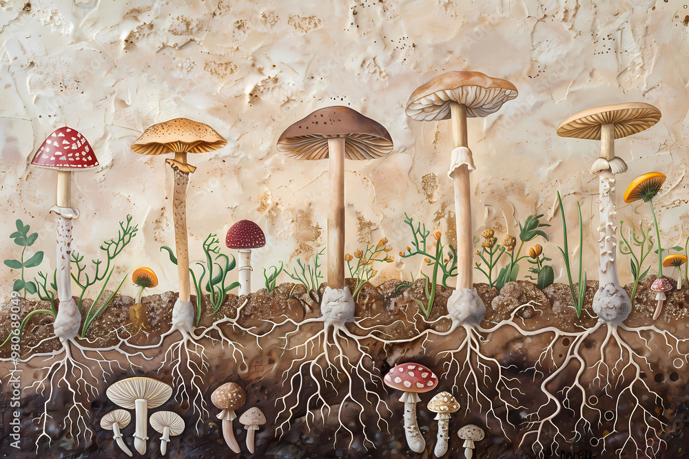 a diverse array of mushrooms above and below the ground, highlighting ...
