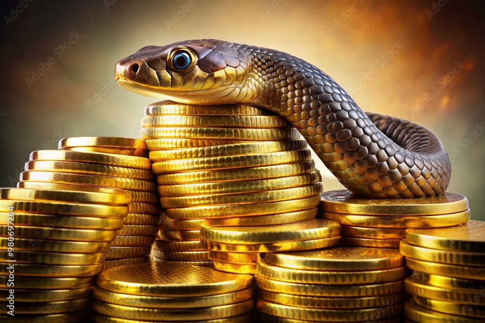 Wealthy reptile: Scaled snake wraps around towering stack of glimmering gold coins, exuding ...