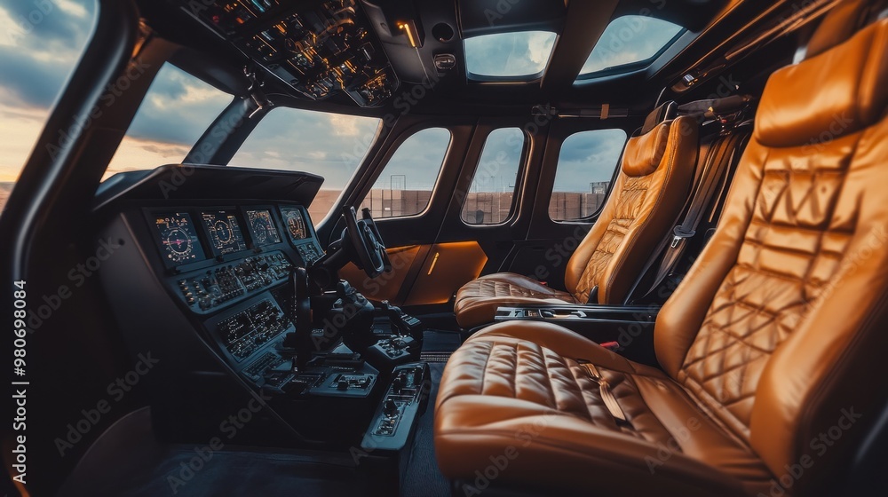 Interior view of a helicopter cockpit featuring leather seats and ...