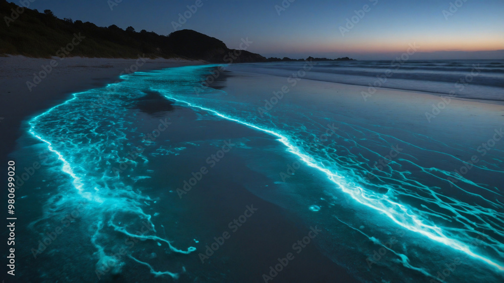 Bioluminescent Beach A beach where the waves glow with bioluminescent ...