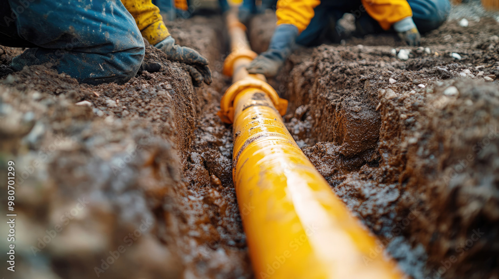 A group of workers are digging a trench to lay a yellow pipe. The ...