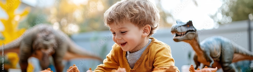 Young boy playing in a backyard turned into a dinosaur jungle, with ...