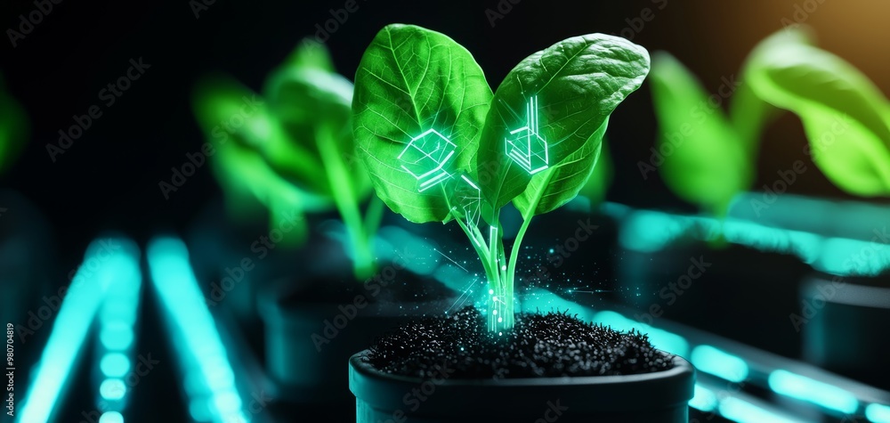 Close-up of AI managing crops, urban vertical farm, futuristic plant ...