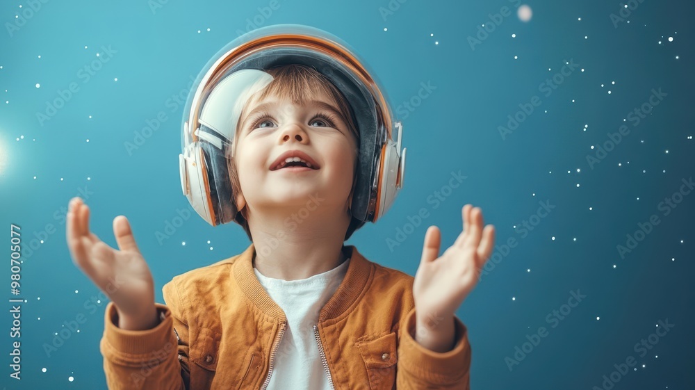 Child dressed as a space explorer, discovering alien worlds and new ...