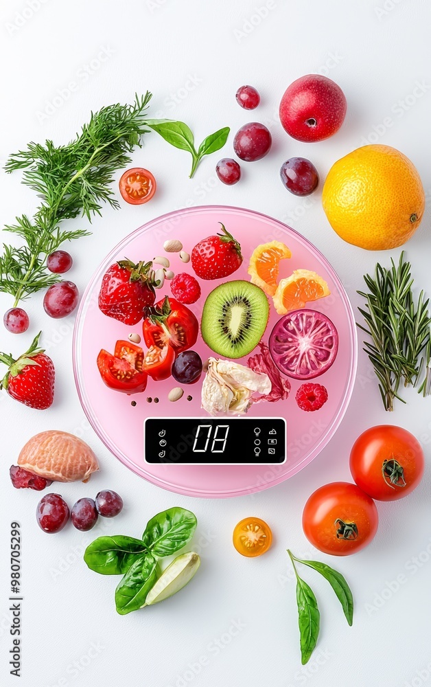 A digital kitchen scale analyzing portion sizes, showing detailed ...