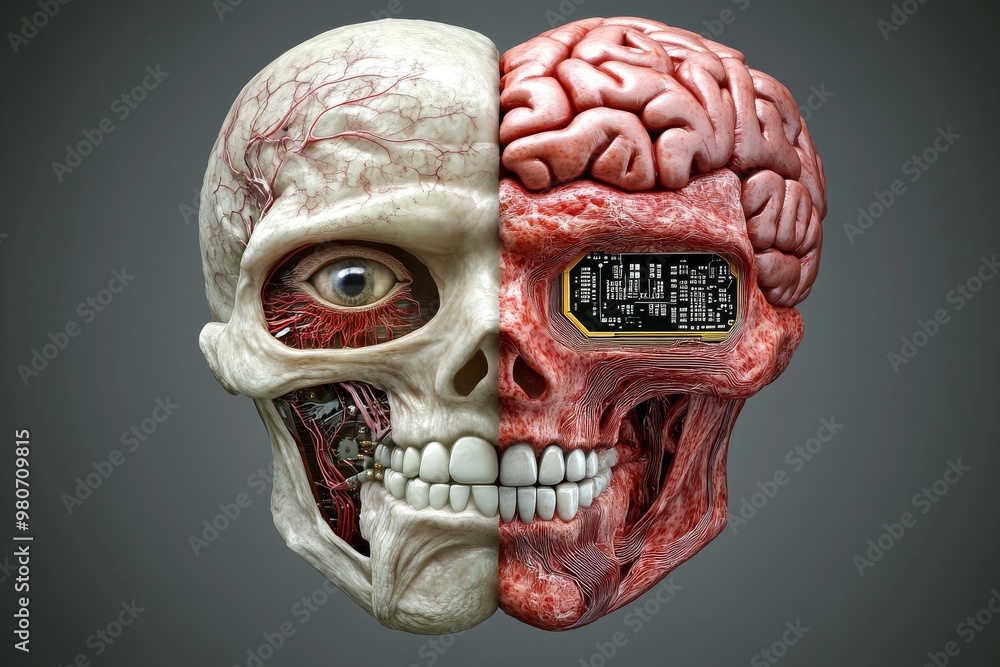 Anatomical illustration of a skull with half exposed brain and face ...