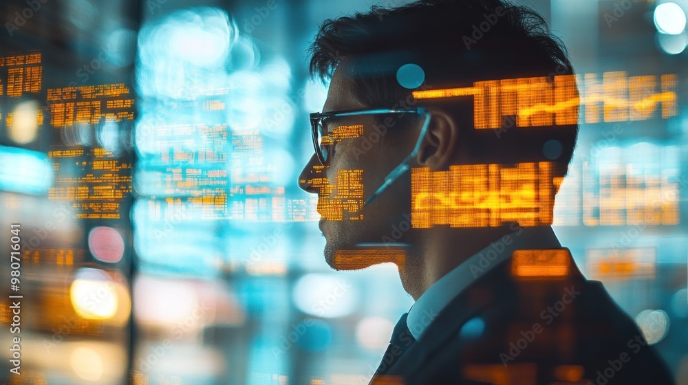 A profile of a businessman with digital data overlays, symbolizing ...