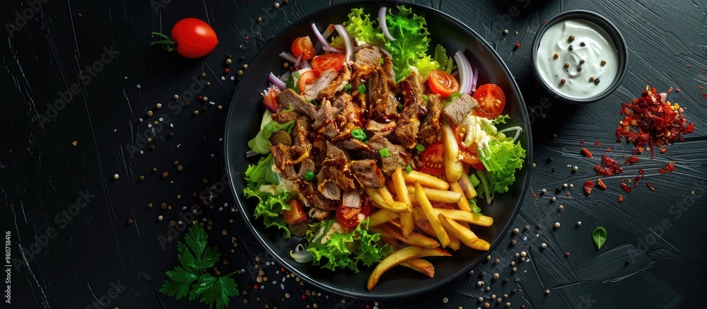 Top view of a durum doner kebab or shawarma platter with meat vegetable ...