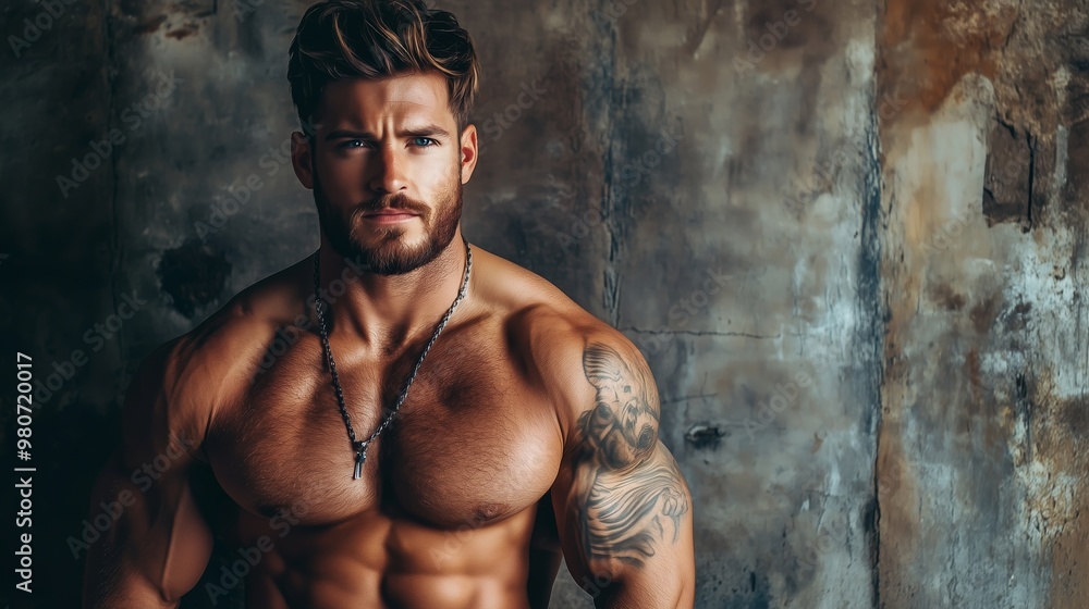 A muscular man poses confidently against a textured concrete wall in a ...