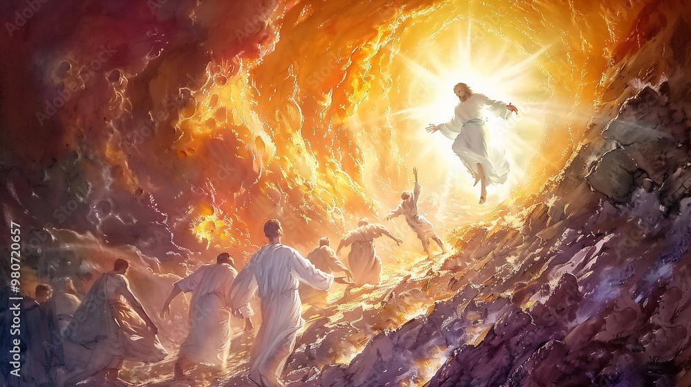 Jesus Christ rises from the dead as witnesses behold this miraculous ...