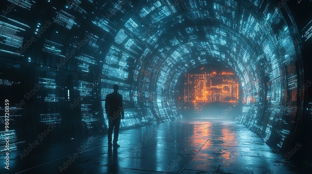 Cybersecurity Lock Symbol Inside Data Center Corridor Stock ...