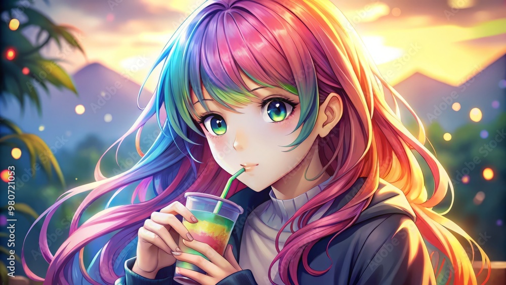 With her radiant locks cascading down her back, the anime girl sips a ...