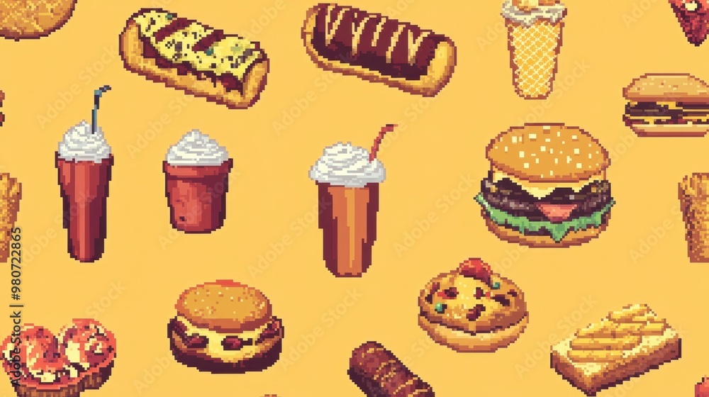 Pixel Art Fast Food Vector Set with Burger,pizza,Soda,Ice Cream,Hot Dog ...