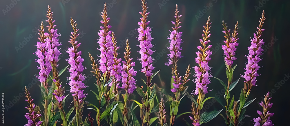 Purple loosestrife flowers belonging to the Lythrum salicaria species ...