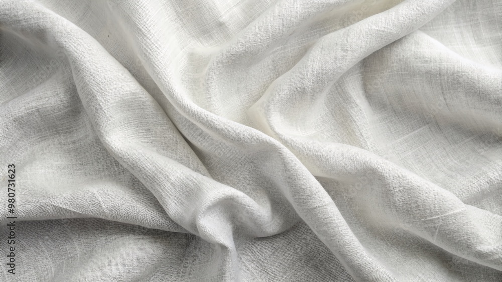 Soft, white linen fabric texture with subtle wrinkles and folds on a ...