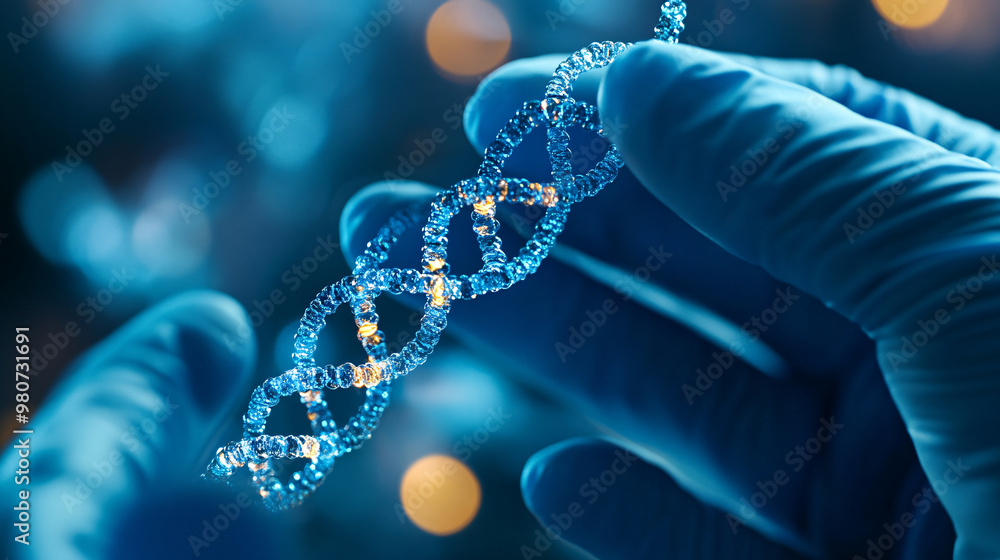 A person is holding a strand of DNA in their gloved hand. The DNA is ...