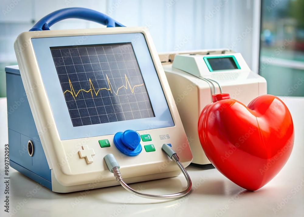 A close-up of an electrocardiogram (ECG) machine and automated external ...