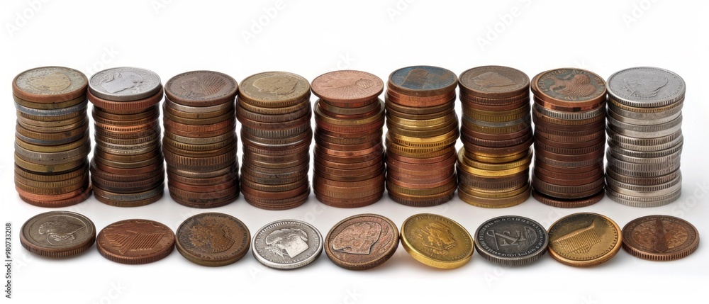 Image shows rows of coins from various countries neatly stacked by size ...