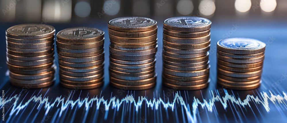 Realistic coin stacks arranged in ascending order, overlaid with line ...