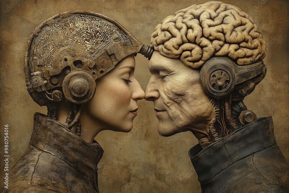 Two mechanical human figures with exposed brains connected by gears and ...