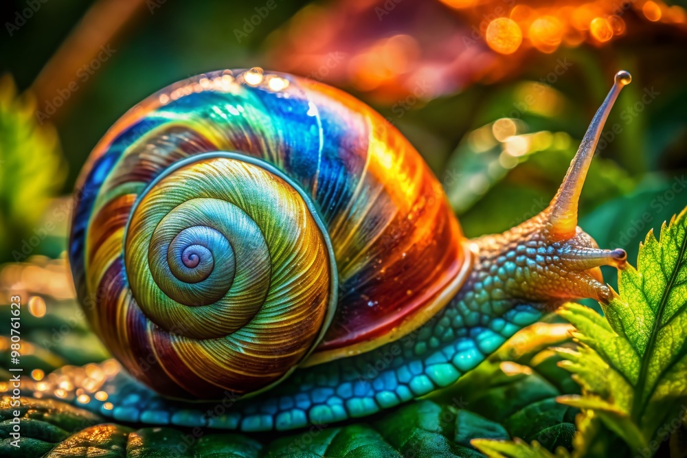Vibrant snail with iridescent shell featuring swirling patterns of ...
