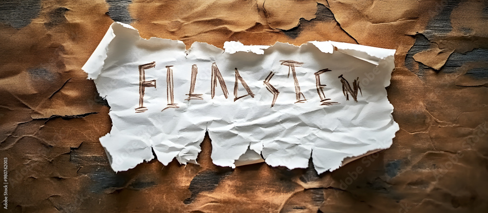 Final exam words displayed on torn white paper against a brown ...