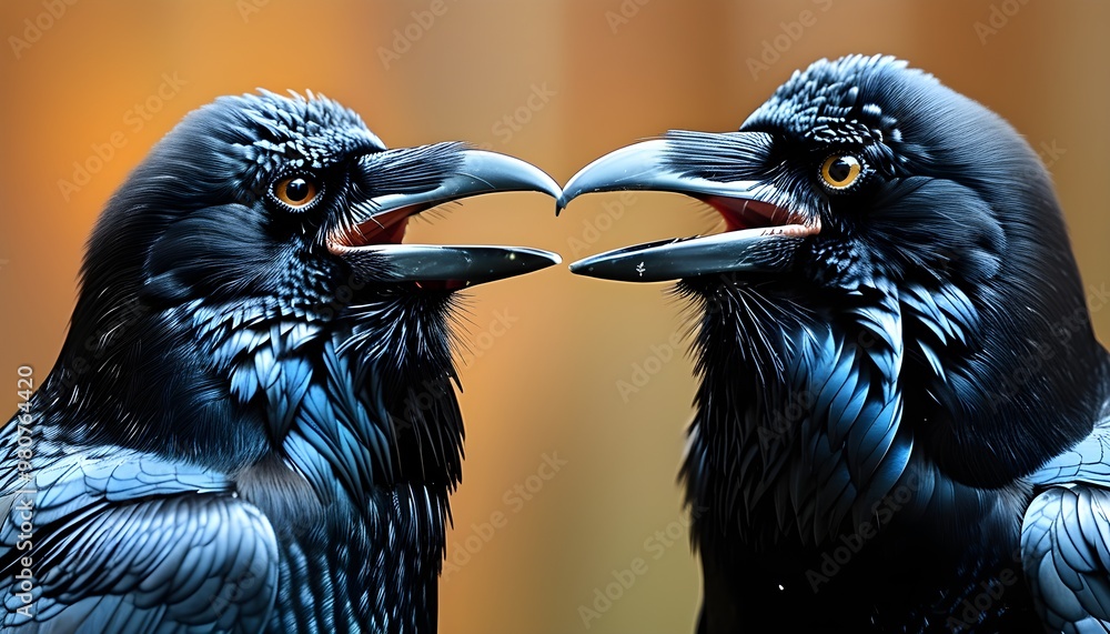 Cawing ravens engaging in a vocal duel with open beaks under a dramatic ...