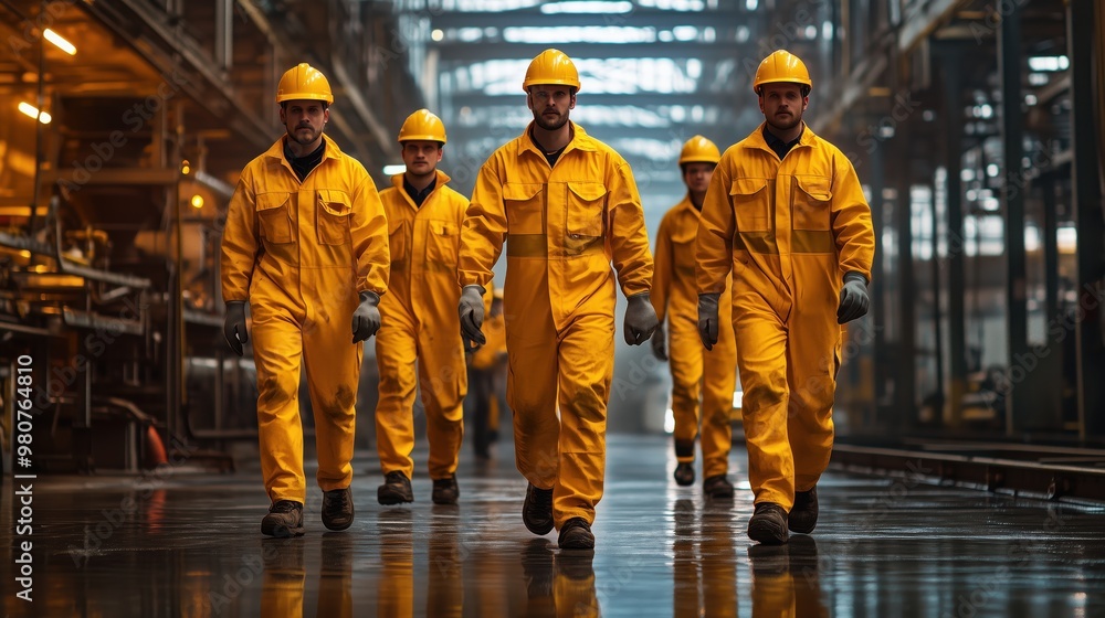 Engineers in orange safety suits walking through factory. Five ...