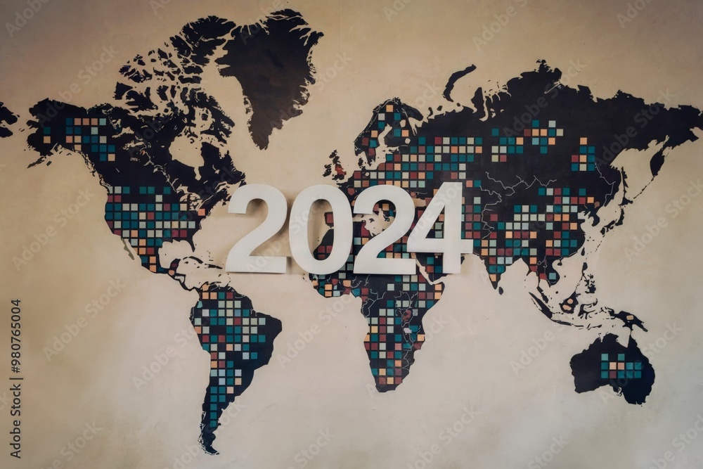 World map with 2024 in bold numbers. Modern artistic design. Global ...