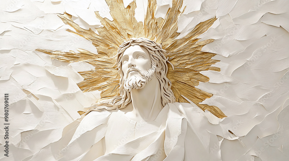A modern, three-dimensional depiction of Jesus, using gold paint to ...