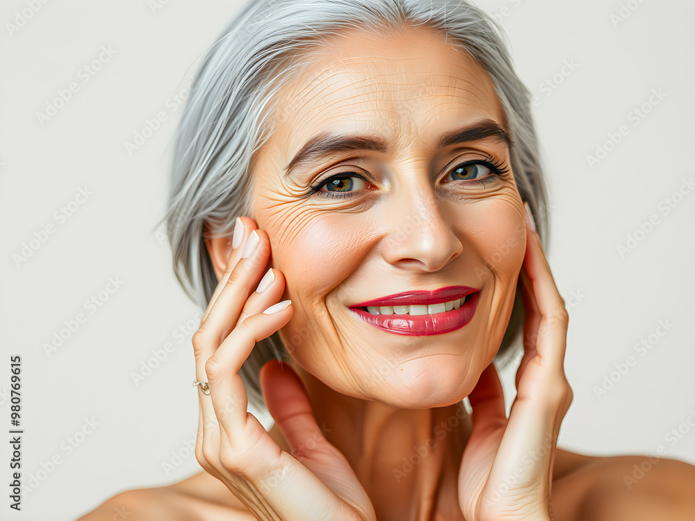 Portrait of happy mature model. Beautiful 50s mid aged mature woman isolated on white background ...