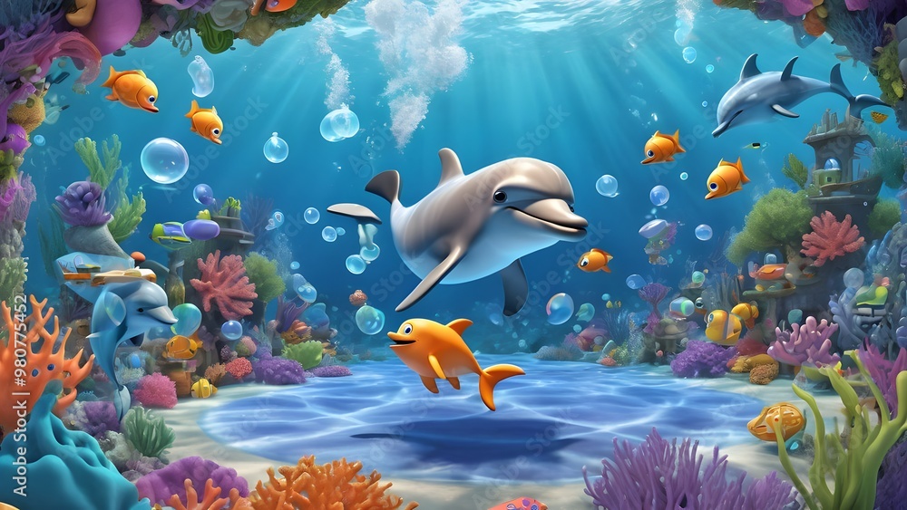 The dolphin characters are scattered across the scene, interacting with ...