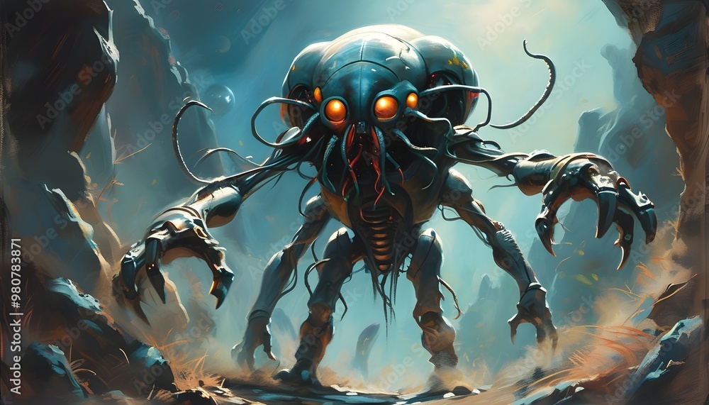 Mysterious alien creature with multiple eyes and tentacles emerging ...