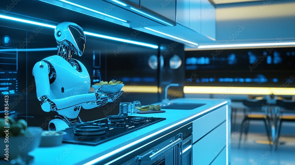 Futuristic robotic chef cooking a gourmet meal in a smart kitchen, wide ...